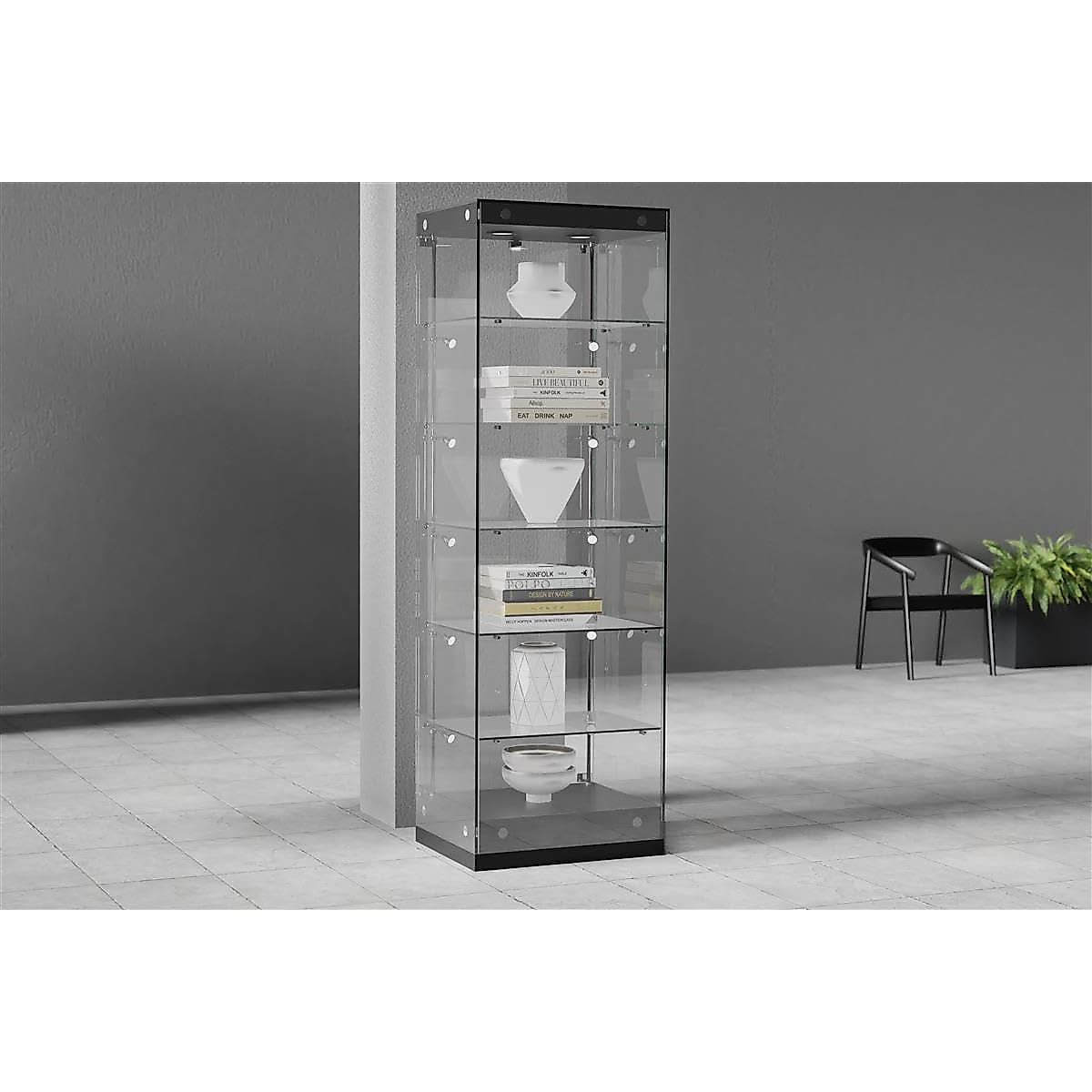 Displays2go Display Show Case with LED Lighting, Glass Shelves, Locking Door, MDF Top & Base – Clear & Black (GTAP24LEDB)