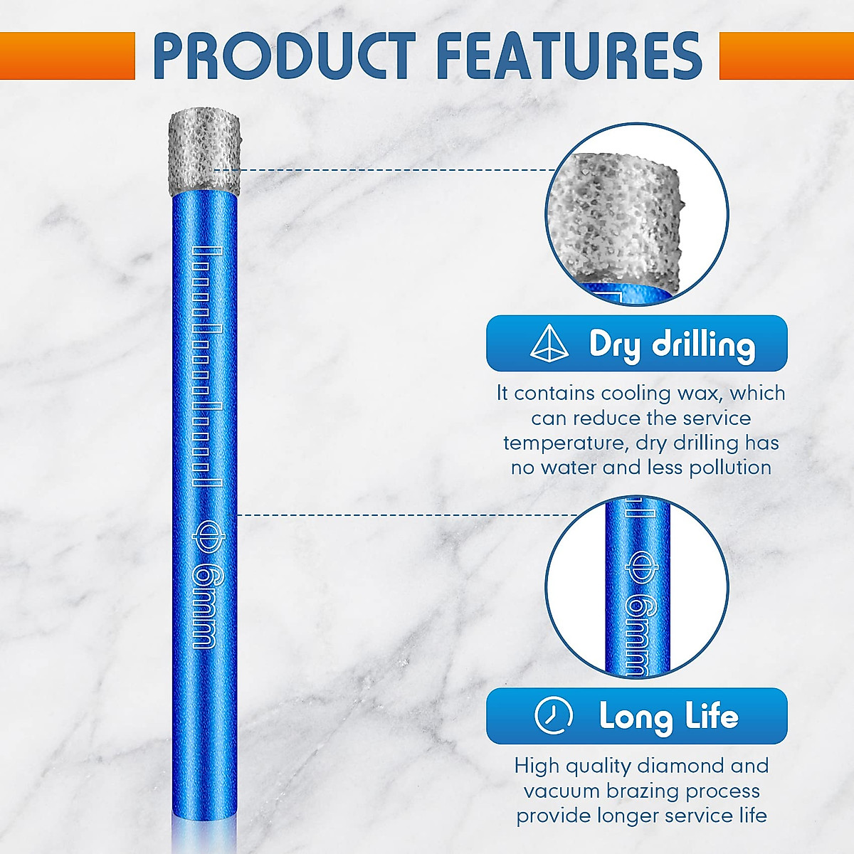 Dry Diamond Drill Bits Set 10 PCs 1/4" 6mm Small Diamond Hole Saw Kit for Granite Marble Porcelain Tile Ceramic Stone Glass Hard Materials (not for Wood) Round Shank