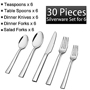 Homikit 35-Piece Silverware Flatware Set with Serving Utensils, Stainless Steel Square Cutlery Set for 6, Eating Utensils Tableware Include Knife Spoon Fork, Dishwasher Safe, Shiny Mirror Polished