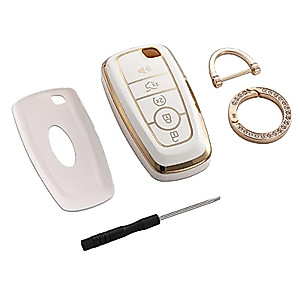 5 Button Ford Key Fob Cover with Keychain Soft TPU Full Protection Car Key Case for Edge Expedition Explorer Bronco Escape Mustang F150 Fusion Ranger Key Case Shell Remote Control,White