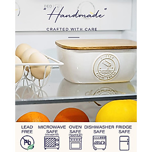 Getstar Ceramic Butter Dish with Acacia Lid for Countertop, Silicone Sealing, Farmhouse Kitchen Counter Decor, Large Butter Keeper Container (6.5”x4”)