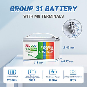 Redodo 12V 100Ah LiFePO4 Battery, Group 31 Lithium Battery with 100A BMS, Up to 15000 Deep Cycles Battery for RV, Solar, Trolling Motor and Off Grid