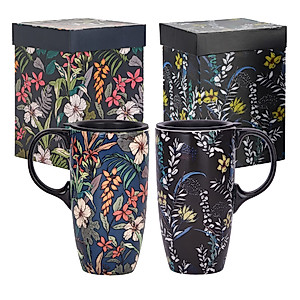 TZSSP Coffee Ceramic Mug Porcelain Latte Tea Cup With Lid 17oz. 2pack Blue and Black