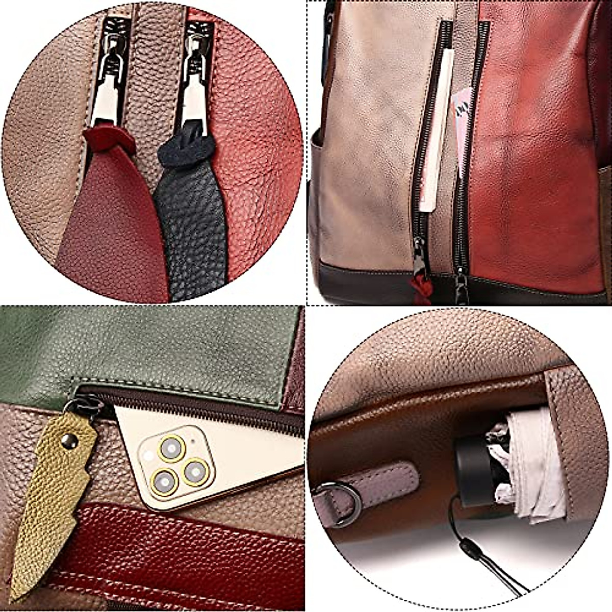 Segater Multicoloured Backpack Fashion Genuine Leather 2 Ways Convertible Shoulder Bag Vintage Patchwork Handbag Travel Satchel Rucksack