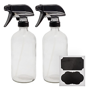 Cornucopia 16oz Clear Glass Spray Bottles w/Chalk Labels (2 Pack); Boston Round Bottles with 3-Setting Adjustable Heavy Duty Sprayers