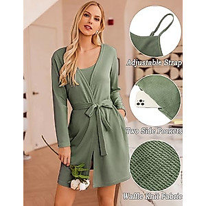 Ekouaer Womens Pajamas Set with Robe 3 Piece Loungewear Crop Cami Top and Shorts and Cardigan Solid Knit Sleepwear Sets (Army Green, XXL)