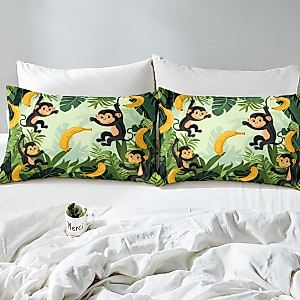 Erosebridal Monkey Bananas Bedding Set for Kids Toddler Nursery Cute Zoo Animal Comforter Cover, Botanical Leaves Palm Leaf Duvet Cover Nature Wildlife Bed Cover Twin Size with 1 Pillowcase