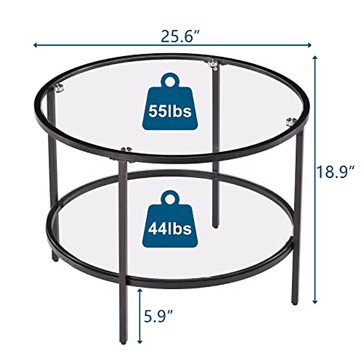 VINGLI Glass Coffee Table, 25.6" Round Coffee Table Black Coffee Tables for Living Room, 2-Tier Glass Top Coffee Table with Storage Clear Coffee Table, Simple & Modern Center Table for Small Space