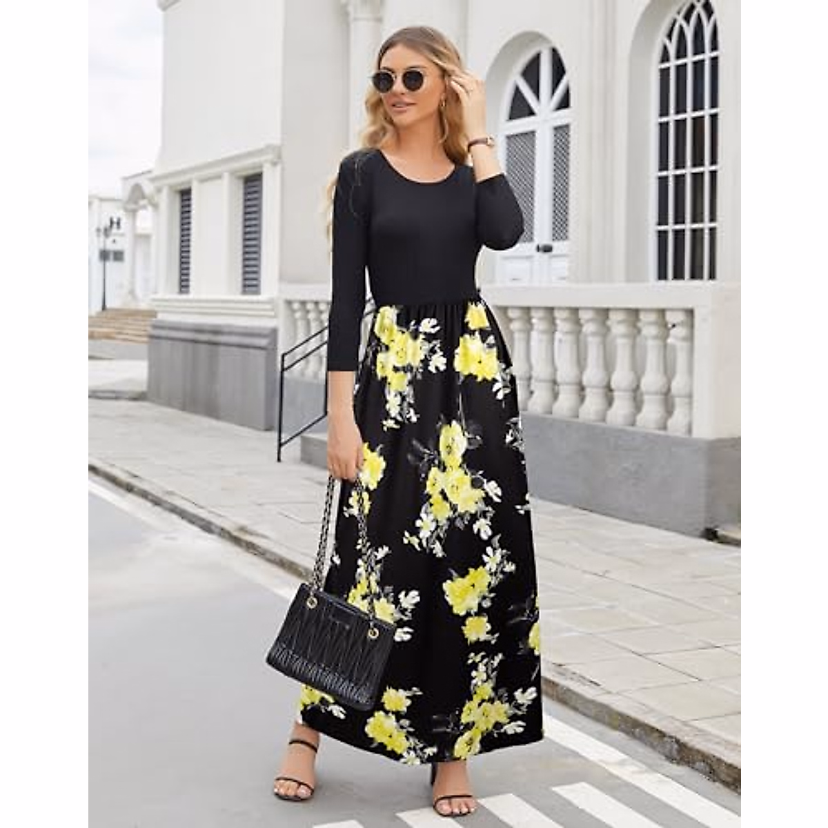 Supnier Women's 3/4 Sleeve Dresses Long Ladies Floral Maxi Dress with Pockets (P5, Small)