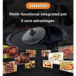 Electric 2 in 1 Grill with Shabu Shabu Hot Pot. Multifunctional Indoor Teppanyaki Korean BBQ Capacity for 2-10 People