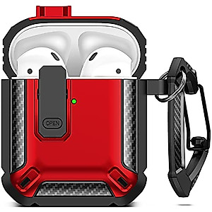 ACAGET for Airpods Case, Airpods 2nd Generation Case Cover with Keychain, Secure Lock Full Body Protective Rugged Shockproof Hard Shell Armor Case for AirPods 1 & 2 Supports Wireless Charge Black/Red