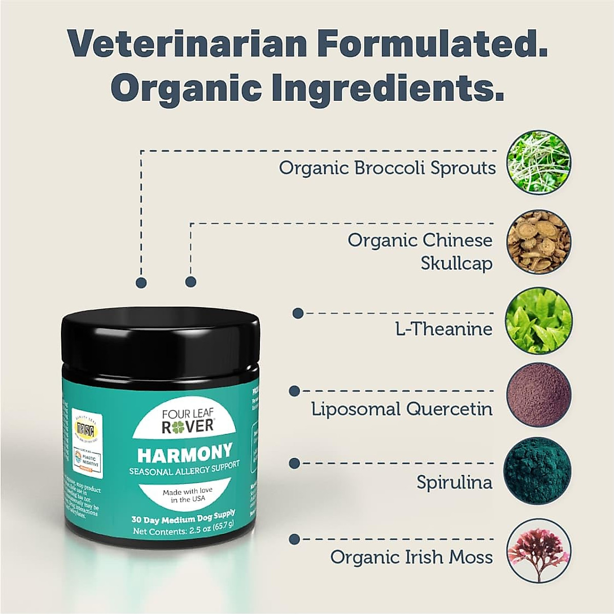 Four Leaf Rover - Harmony | Natural Skin Care for Dogs | Seasonal Allergy and Natural Histamine Support | Helps with Skin Health & Detoxification | 30 Medium Dog Servings