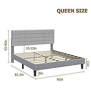 Sunrise Coast Bed Frame Queen Size Upholstered Platform Beds with Headboard Linen Fabric Wood Slat Support + Iron Frame, Mattress Foundation, No Box Spring Needed, Light Grey