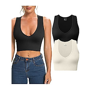 OQQ Women's 2 Piece Tank Top Ribbed Sleeveless Sexy Deep V Neck Removable Cups Yoga Crop, Black,beige, Medium