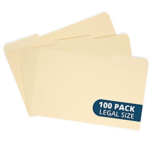 File Folder, 1/3 Cut Assorted Tab, Legal Size, Manila, Great for Organizing and Easy File Storage, 100 Per Box