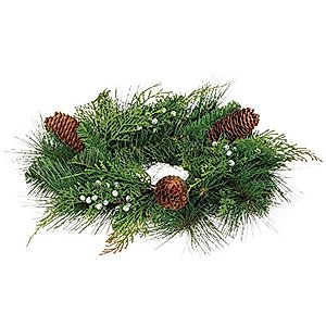 13 Inch Diameter Christmas Mixed Pine Pillar Candle Ring with Cedar, Berries and Pine Cones