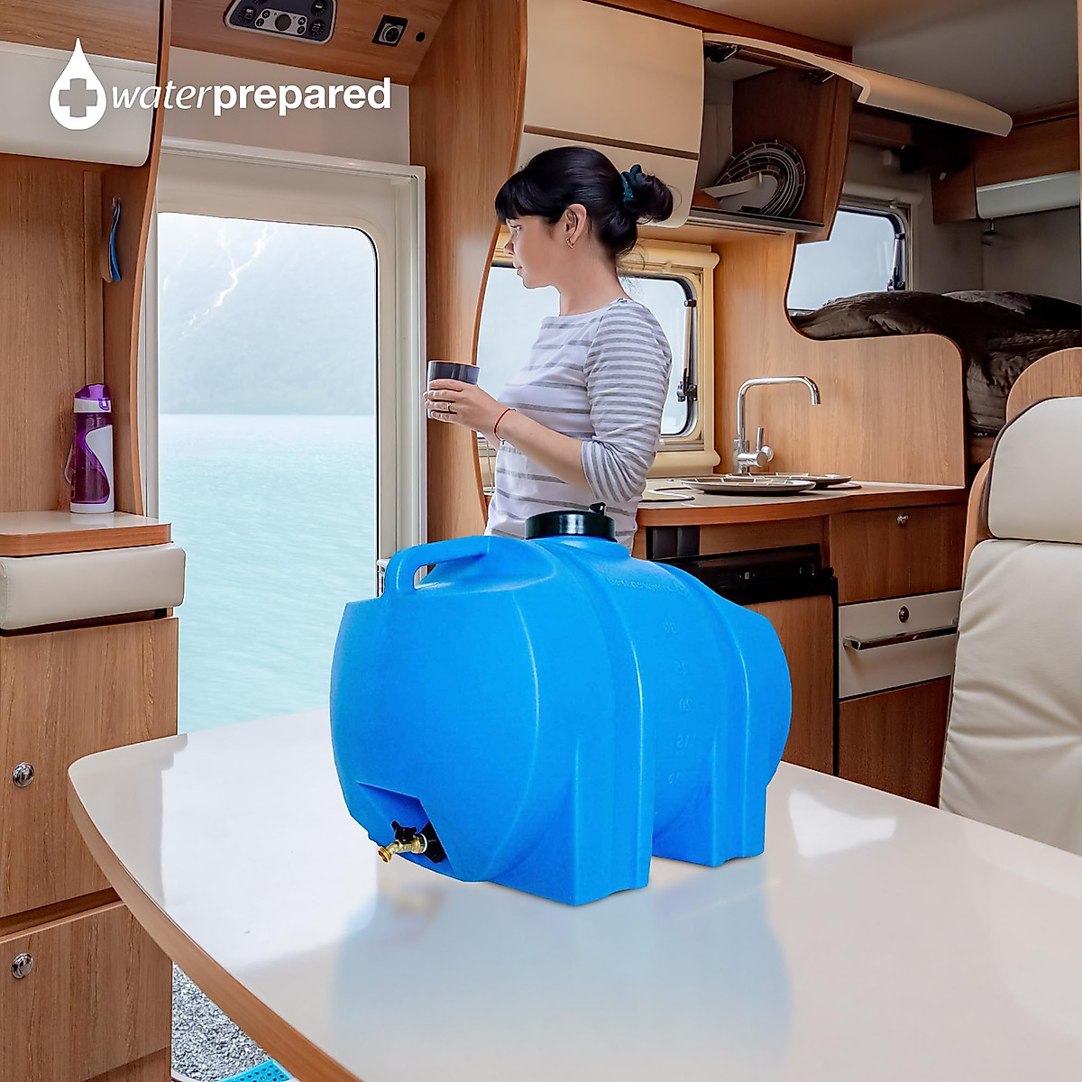 WaterPrepared 35 Gallon Utility Water Tank with Large Cap for Easy Filling, 3/4 Inch Brass Spigot, 2 Built in Strapping Points and 2 Handles, Blue