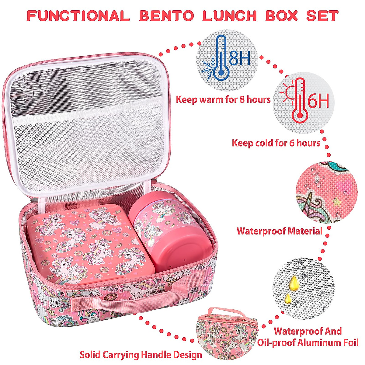 Bento Lunch Box Set for Kids with 10oz Soup Thermo, Leak-Proof Lunch Containers with 4 Compartment, Kids Thermo Hot Food Jar and Insulated Lunch Bag for Kid to School,BPA-Free(Pink-Horse)