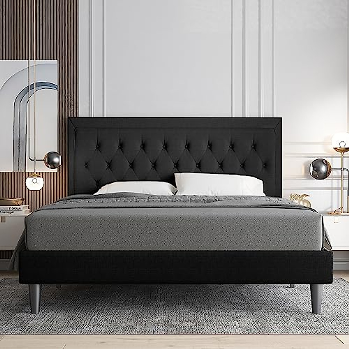 Allewie Queen Size Bed Frame Upholstered Platform Bed with Adjustable Headboard, Button Tufted, Wood Slat Support, Easy Assembly, Black
