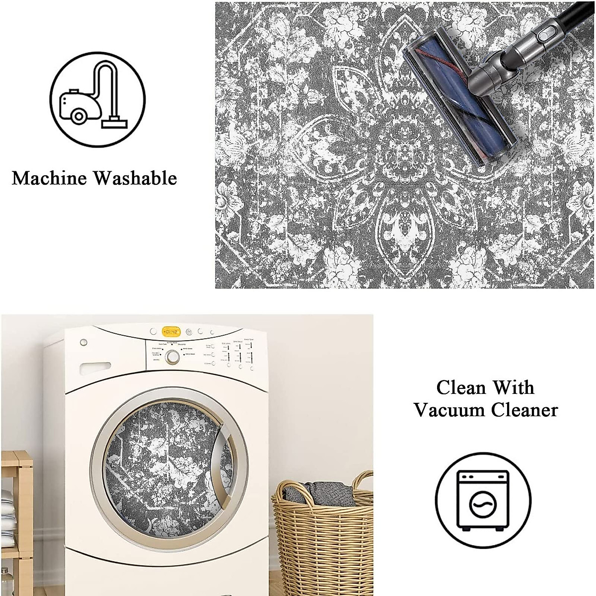 Pauwer Area Rug 5x7 Rug, Distressed Low Pile Non-Slip Non-Shedding Floral Print Large Accent Rug, Washable Carpet Indoor Mat for Living Room Bedroom Dining Room