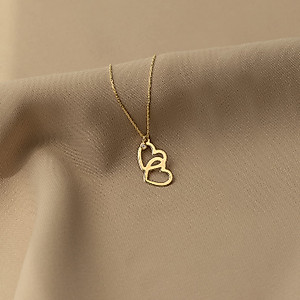 Diamond intertwined Hearts Necklace for Women | 14k Real Gold Interlocking Hearts Necklace for Women | 14k Solid Gold Pendant Necklaces | Simple Open Heart Jewelry | Gifts for Christmas, 18"