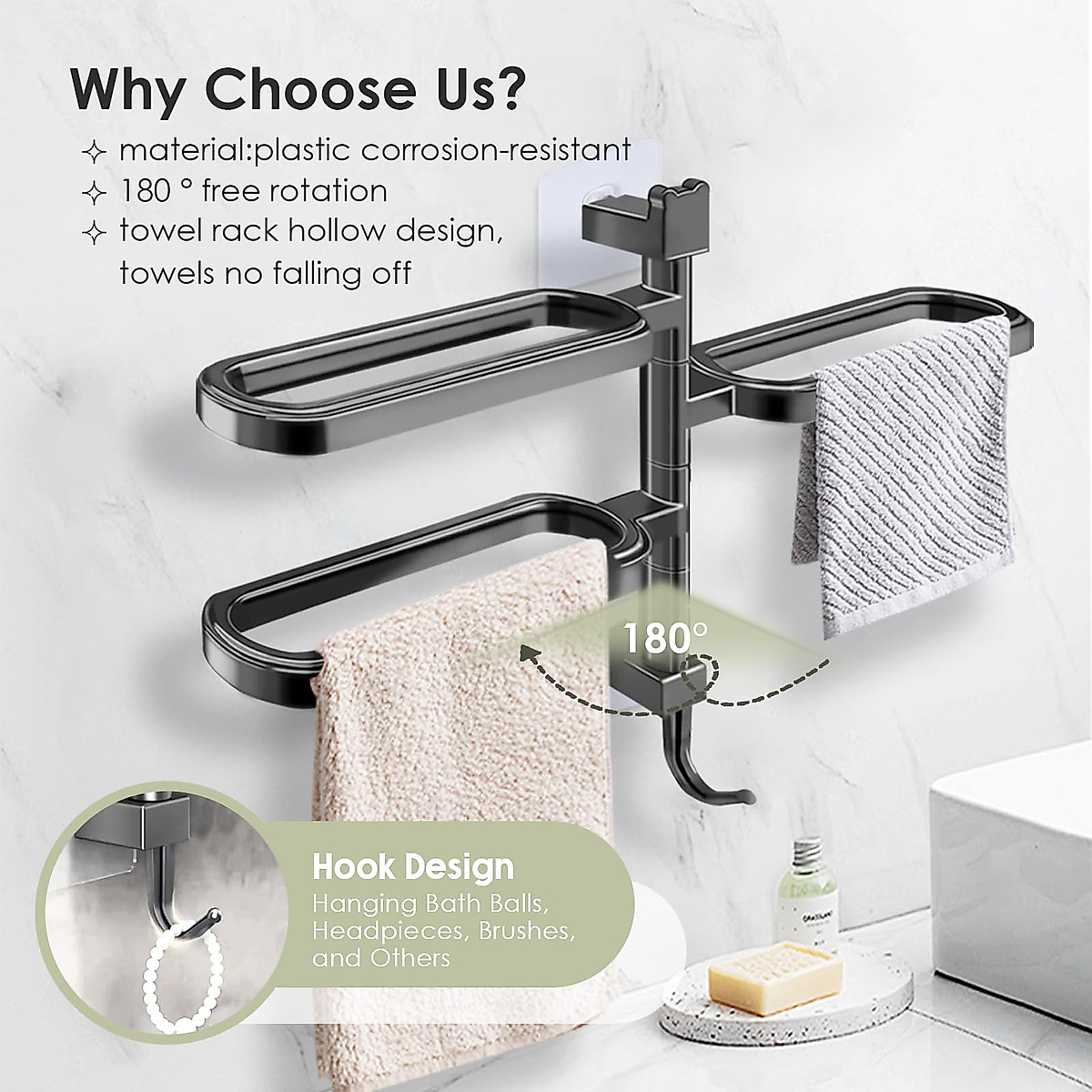 Pysrych No Drill Swivel Towel Rack Wall Mounted 3-Arm Towel Bar ABS Self-adhesive Towel Holder with Hook for Bathroom Shower Kitchen Black