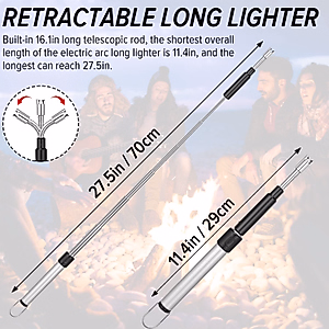 Flahonka Electric Arc Long Lighter, Retractable Cool Lighter with A Length of 11.4in-27.55in, Rechargeable Long Neck Lighter Extra Long Lighter for Candles Kitchen Fireplaces Fire Pits (Silver)