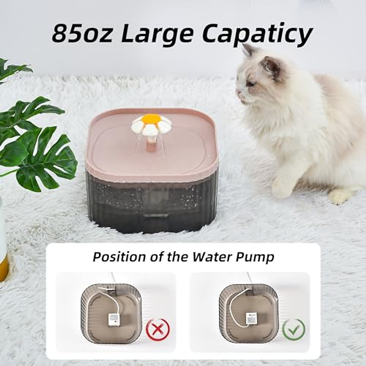 JEERAMIA 85oz/2.5L Cat Water Fountain, Ultra Quiet Pet Water Dispenser with Smart Pump and 3 Replacement Filters, Automatic Flower Fountain for Dog & Cat (Pink)