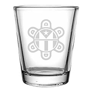Puerto Rico Shot Glass Gift Set of Four: ENGRAVED Taino Coqui, Made in Puerto Rico Barcode, Puerto Rican Map, Taino Sun with Puerto Rican Flag Puerto Rico Gift Set of Puerto Rican Shot Glasses