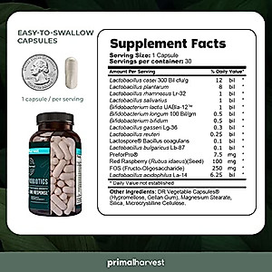 Primal Harvest PREbiotics and PRObiotics for Women & Men, Primal Probiotics 30 Oral Probiotics Capsules for Gut Health, 12 Dynamic Strains Probiotics for Women