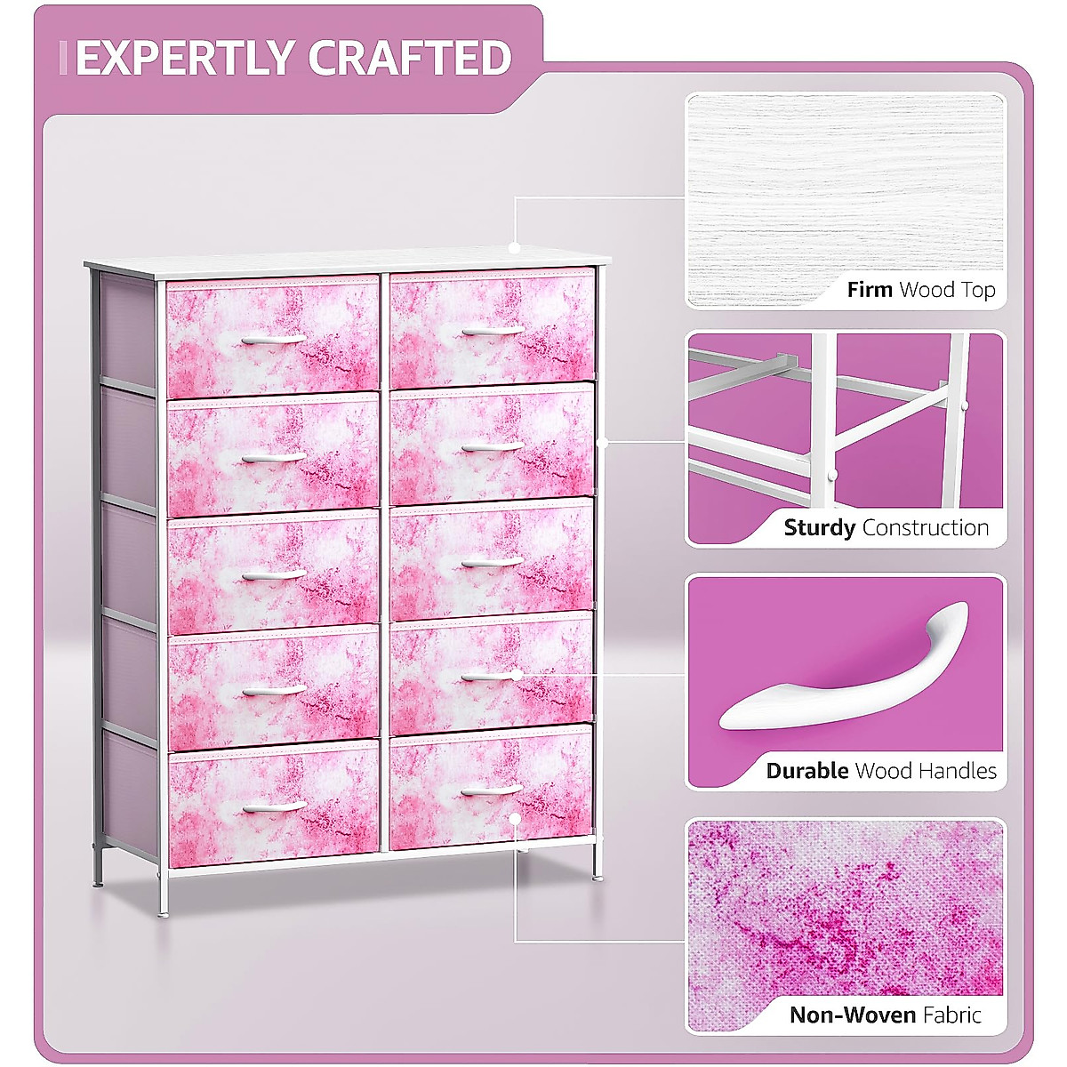 Sorbus Kids Dresser with 10 Drawers - Storage Unit Organizer Chest for Clothes - Bedroom, Kids Room, Nursery, & Closet - Steel Frame, Wood Top & Handles, and Easy Pull Fabric Bins