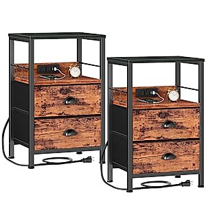 Furologee Set of 2 Nightstands, End Table with Charging Station, Bedside Tables with 2 Fabric Drawers, Night Stands with USB Ports & Power Outlets for Bedroom/Living Room/Rustic Brown