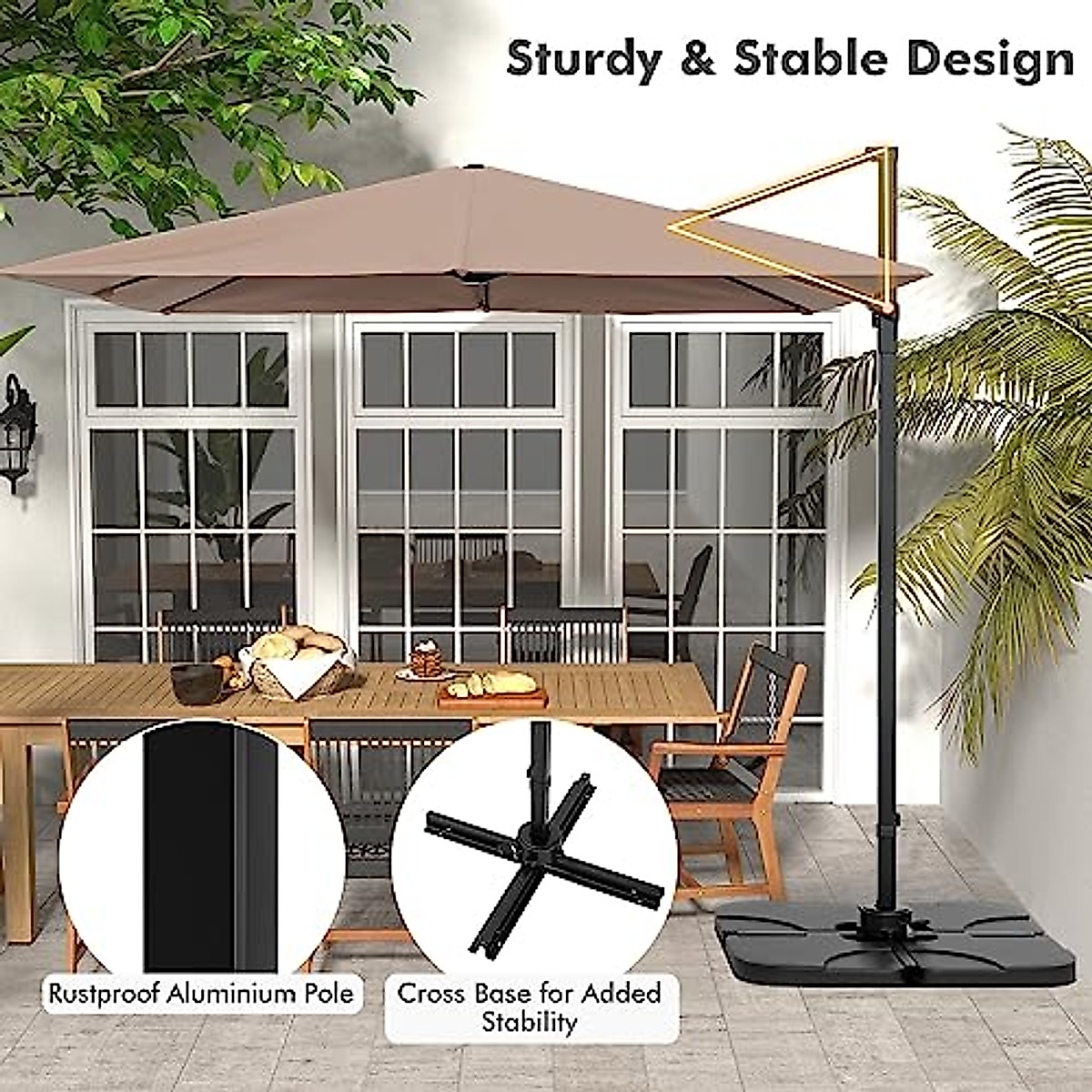 Tangkula 9.5 FT Cantilever Patio Umbrella, Outdoor Square Offset Umbrella with 360°Rotation, Heavy Duty Patio Hanging Umbrella with Cross Base for Garden Deck Pool Backyard (Tan)