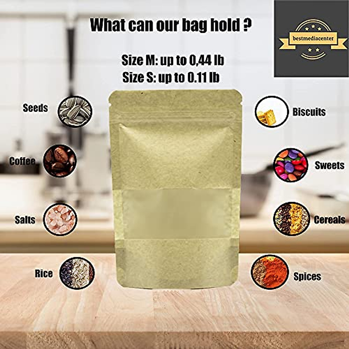 spear Kraft Paper Stand Up Food Storage - Bags with Window Zip Lock Pouch Bags,Resealable Seal Zipper Matt Small Treat Cookie Baked Goods Tea Bakery Rice for Packaging Brown 2 Different Sizes 100 pcs: 6 x 4 in(40pcs) and 4x3 in(60pcs) and 1 Bamboo Wood Sp