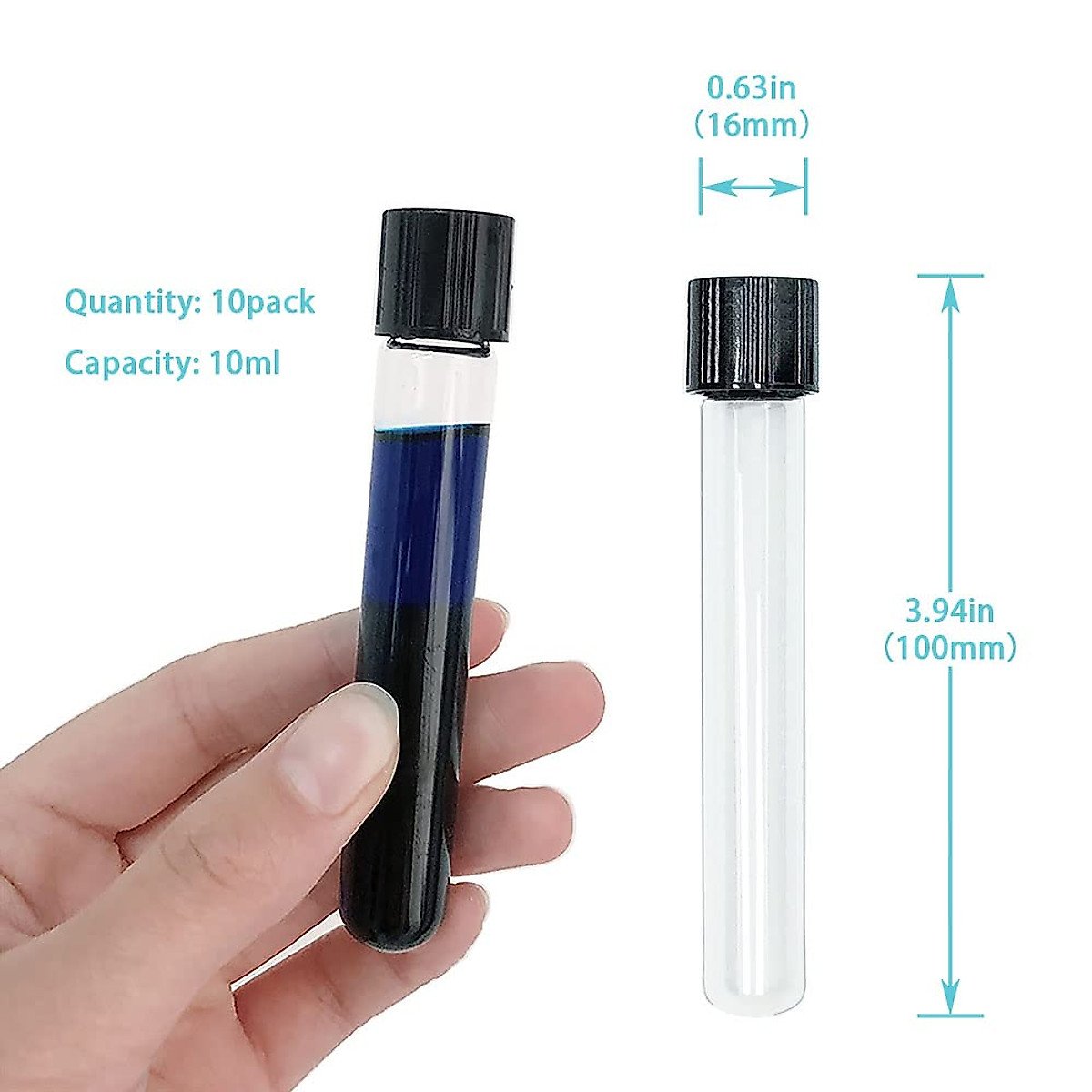 16x100mm Glass Test Tubes with Black Screw Cap, 10ml Boro Glass Test Tubes for Scientific Experiments, Candy Storage, Party and Home Decorations, Plant Propagation and Holiday Gifts, HUAOU, Pack of 10