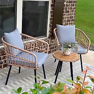 YITAHOME 3 Pieces Outdoor Bistro Set, All-Weather Wicker Patio Furniture Set, Rattan Conversation Set with Table and Chair for Balcony, Backyard, Pool, Porch, Deck - Grey