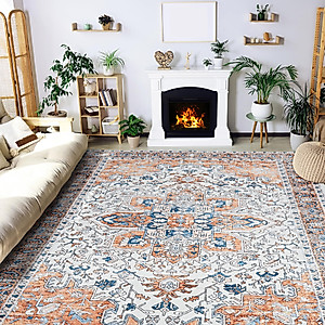 Mcadore 8x10 Washable Boho Area Rug - Non Slip, Indoor Large Carpet for Living Room, Bedroom, Kitchen - Tangerine/Multi Color, Easy to Clean, Durable and Stylish