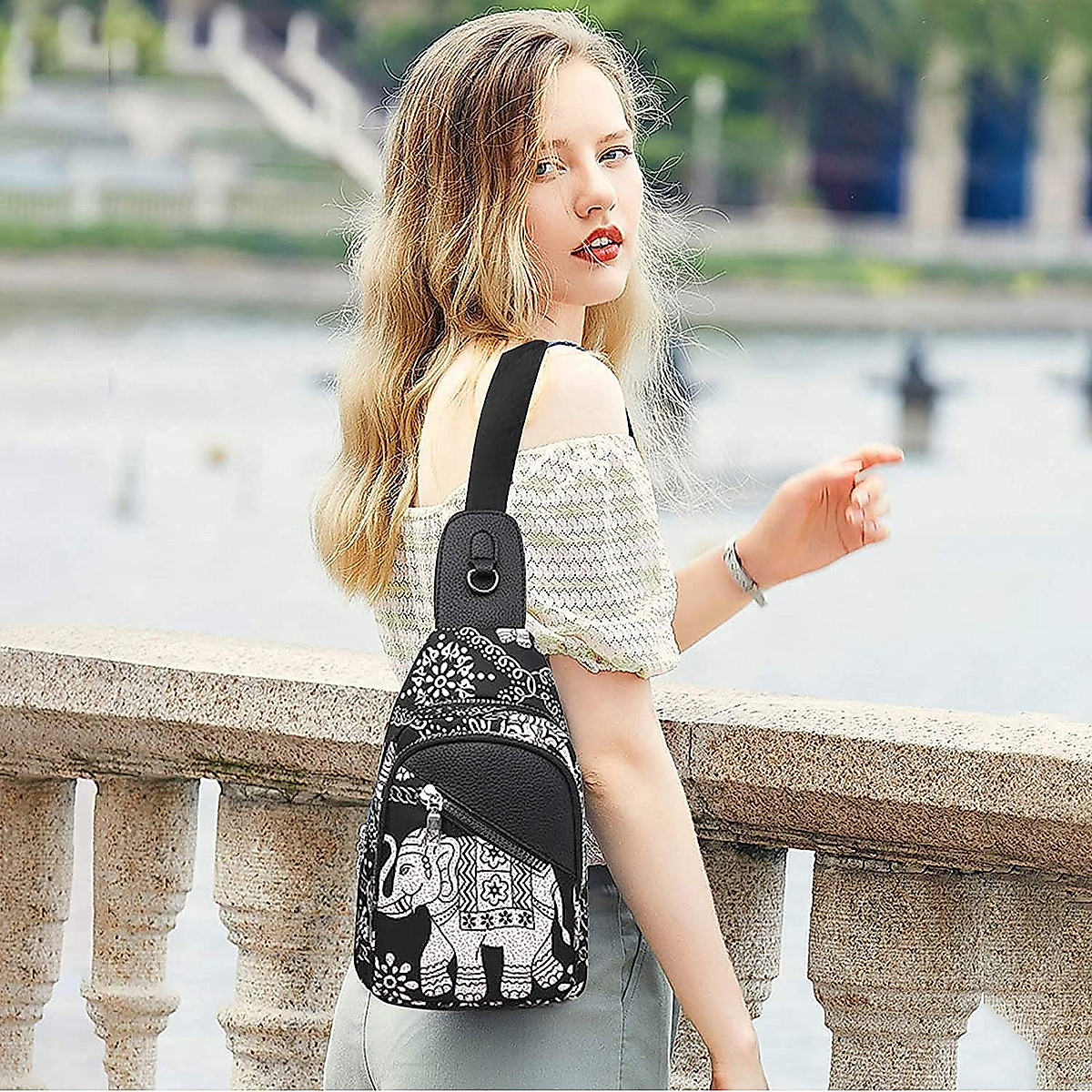 RTGGSEL Boho Ethnic Women's Waterproof Oxford Sling Shoulder Bags Girls Travel Crossbody Chest Bag Ladies Fishing Hiking Daypack (Boho Elephant)
