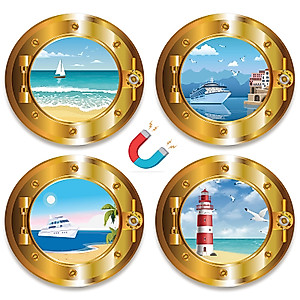 Huwena 4 Pcs Cruise Door Decorations Magnetic Porthole Door Magnets 10 Inch Set Palm Tree Cruise Ships Lighthouses Summer Sea Nature Scenery Fridge Decor for Carnival Cruise Refrigerator Car