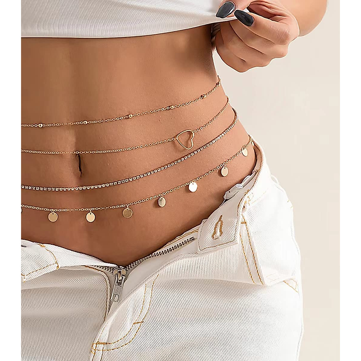 Fashion Crystal Belly Waist Chain - Bikini Layered Belly Chain for Women - Gold Rhinestone Diamond Body Waist Chain Jewelry (waist chain set gold)