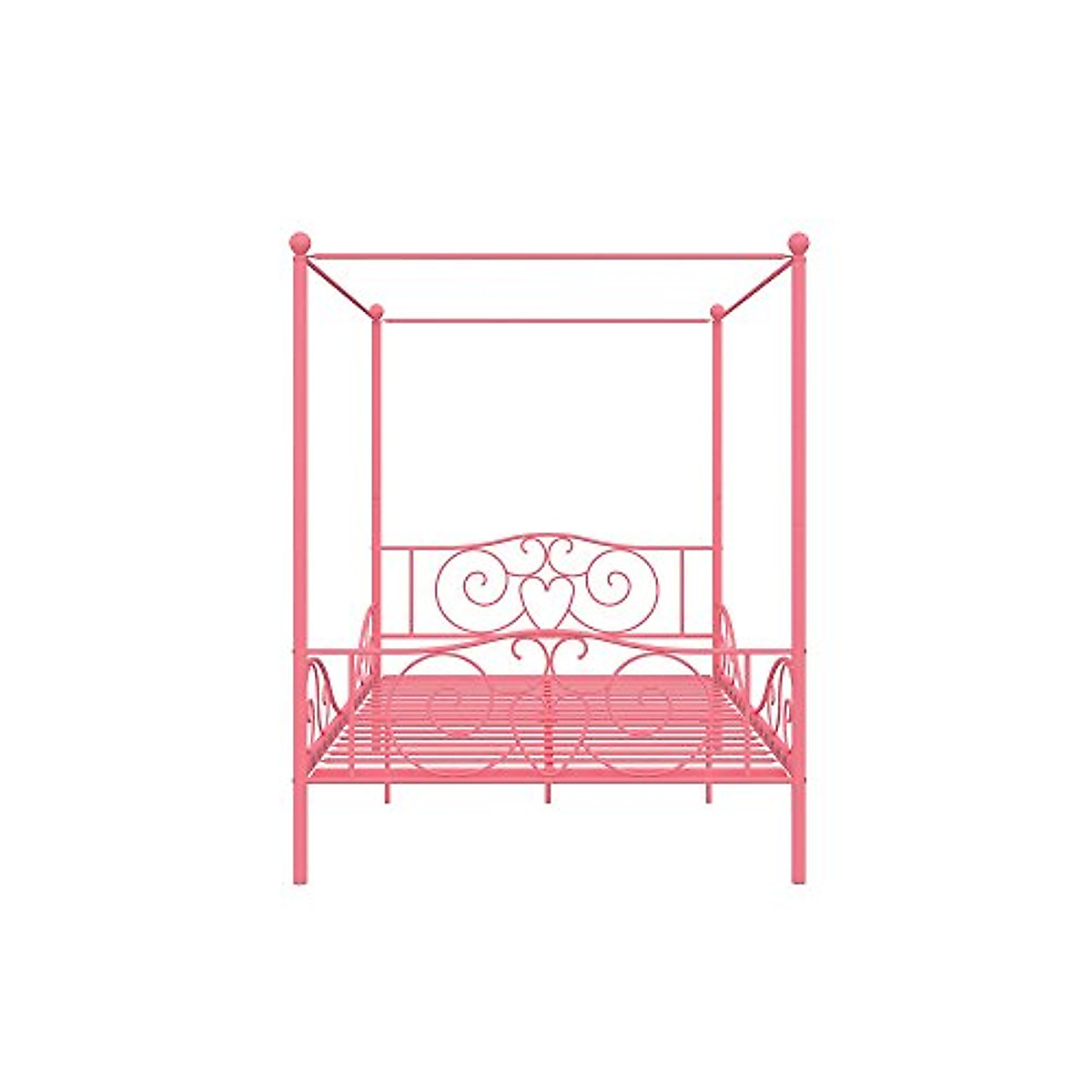 DHP Metal Canopy Kids Platform Bed with Four Poster Design, Scrollwork Headboard and Footboard, Underbed Storage Space, No Box Sring Needed, Full, Pink