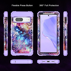 Uamark for Google Pixel 7 Case,Three Layer Heavy Duty Shockproof Full Body Protective with 2 Tempered Glass Screen Protector+2 Camera Lens Protector Case for Google Pixel 7 5G(2022),Purple Mandala