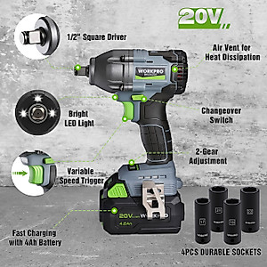 WORKPRO Cordless Impact Wrench 1/2 inch, 20V Brushless Impact Gun, High Torque 370 Ft-Lbs (500N.M), Variable Speeds, with 4.0 Ah Battery, Fast Charger, 4 Impact Sockets and Storage Case