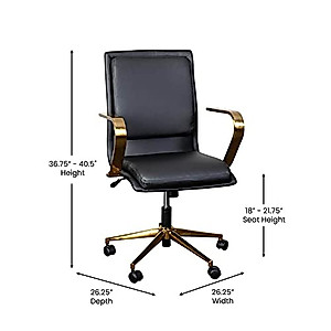 Flash Furniture James Mid-Back Designer Executive Office Chair - Black LeatherSoft Upholstery - Brushed Gold Base and Arms - Height Adjustable 360° Swivel Seat