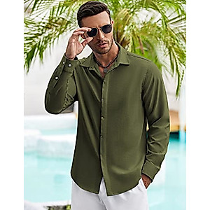 COOFANDY Men's Linen Shirt Long Sleeve Casual Button Up Shirt Beach Shirt for Men Summer Wedding Shirt Army Green