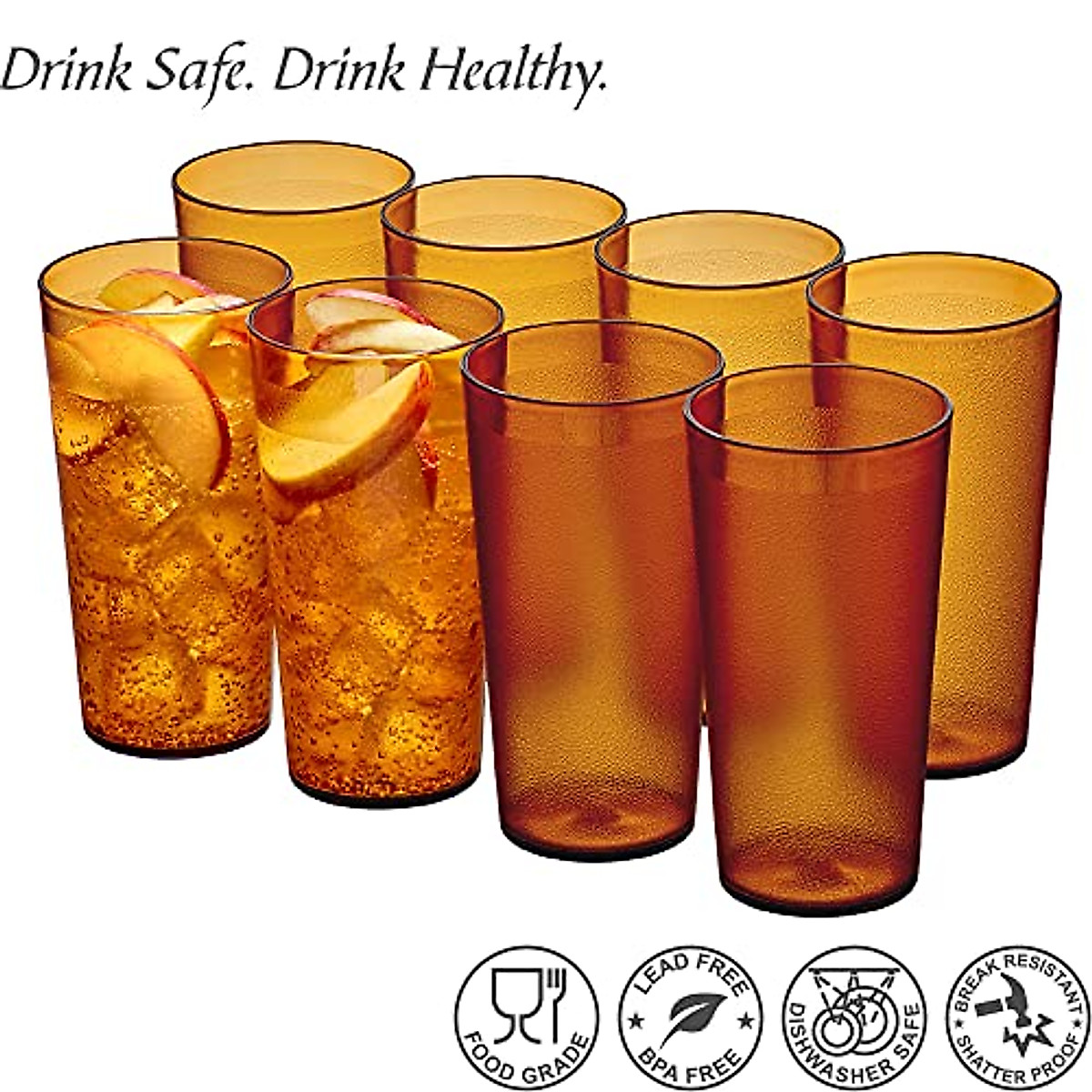 Amazing Abby - Cafely - 16-Ounce Plastic Tumblers (Set of 8), Plastic Drinking Glasses, Restaurant-Style Tumblers, Commercial-Grade Cups, Stackable, BPA-Free, Shatter-Proof, Dishwasher-Safe, Amber