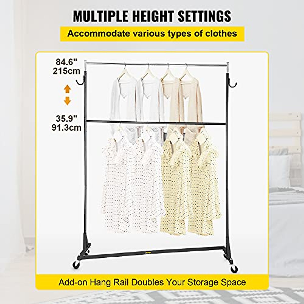 VEVOR Z Rack, 300 lbs Industrial Grade Z Base Garment Rack, 24" x 62" x 85" Height Adjustable Clothes Rack, Heavy Duty Clothing Rack w/ Lockable Casters for Home Store w/ Add-on Hang Rail Black
