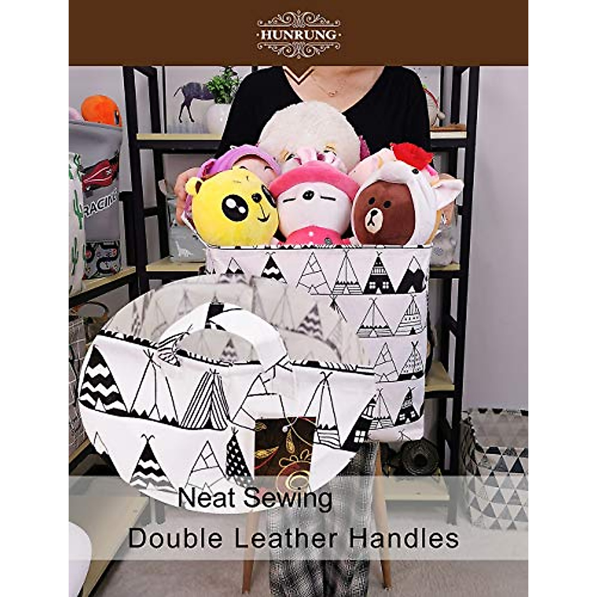 HUNRUNG Square Storage Bins Nursery Hamper Canvas Laundry Basket Foldable with Waterproof Nursery Boxes for Shelves/Gift Baskets/Toy Organizer/Children Room Decor（Square-Tent）