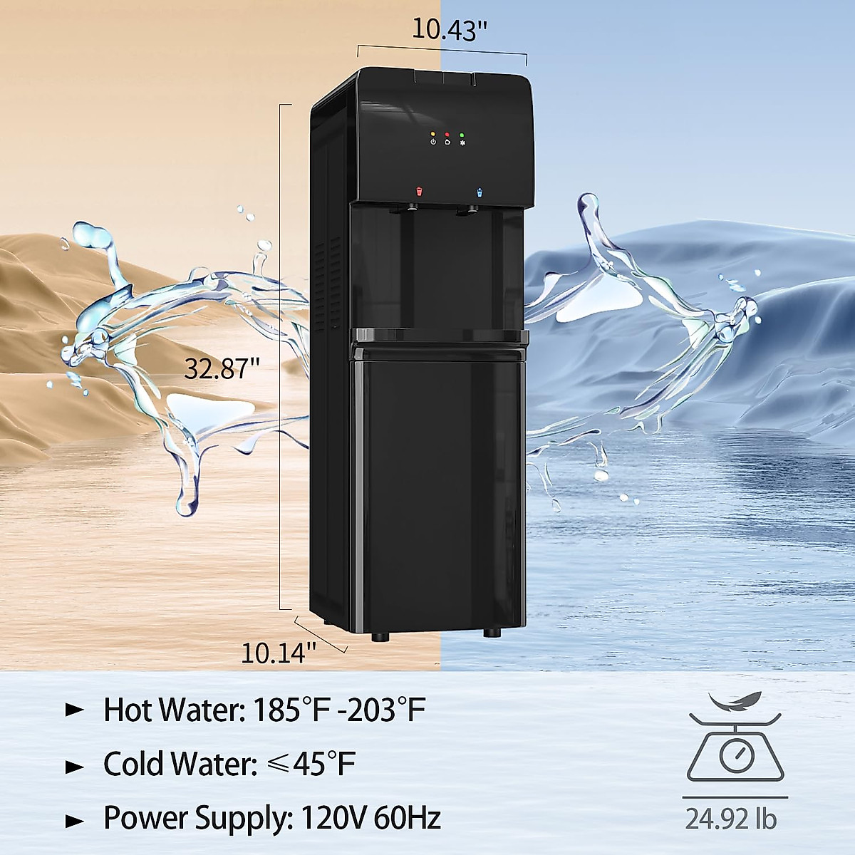 Top Loading Water Cooler Dispenser Hot Cold & Cool Water Dispenser for 3 or 5 Gallon Bottles, Child Safety Lock, Simple Quite Design, Ideal for Home, Office, Living Room