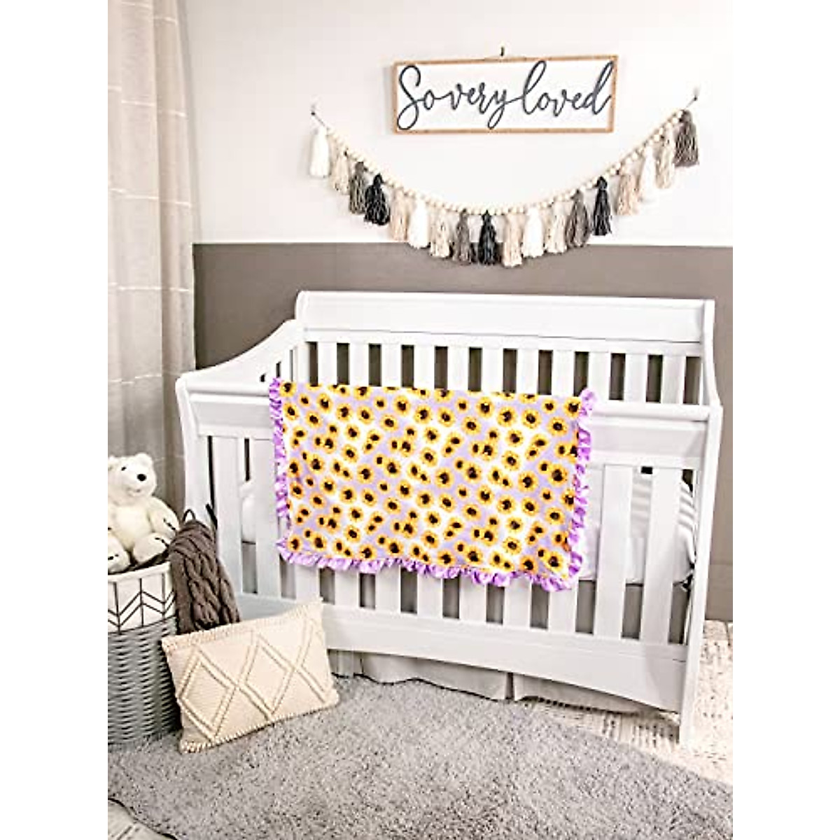 Top Tots Baby Blanket - Small Sunflowers with Purple Minky Dot & Satin Ruffle, 31 x 31 Inch Yellow